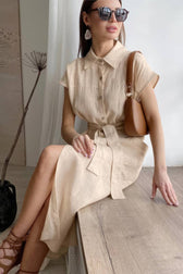 Sleeveless Linen-Cotton Blend Dress with V-Neckline and High Waist