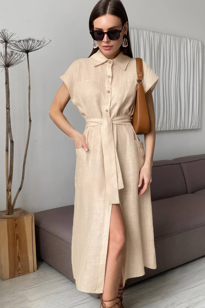 Sleeveless Linen-Cotton Blend Dress with V-Neckline and High Waist